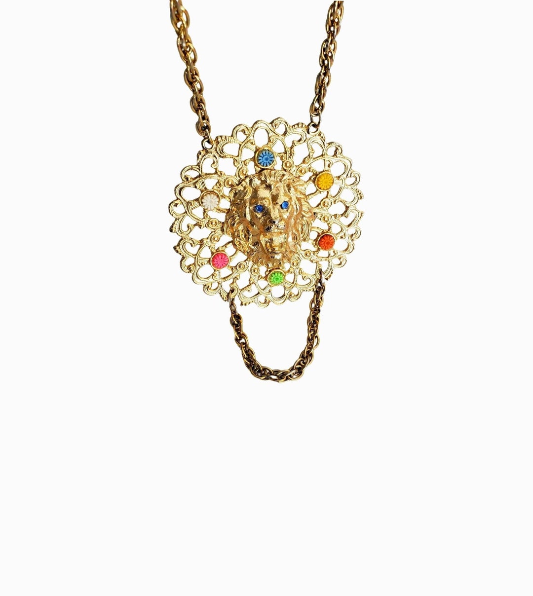 Vintage Extra Large LION HEAD Gold Tone Pendant Chain Necklace *RUNWAY ...