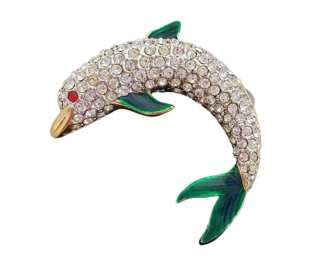 Vintage DOLPHIN Brooch Gold Tone With Clear Rhinestones and Green ...