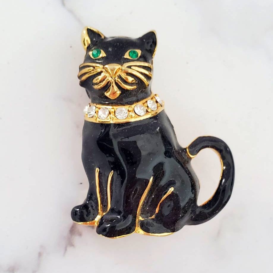 Vintage MONET Signed Black Enamel Cat Pin Brooch Rhinestone | Etsy