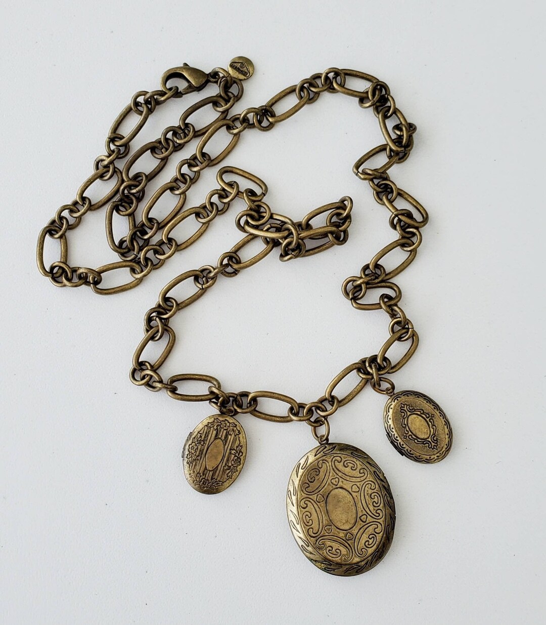 Vintage BEN AMUN Triple LOCKET Brass Tone Long Chain Statement Necklace ...