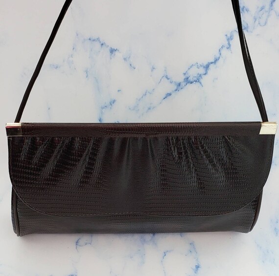 Vintage Dark Brown LIZARD Skin Leather Front Flap Han… - Gem