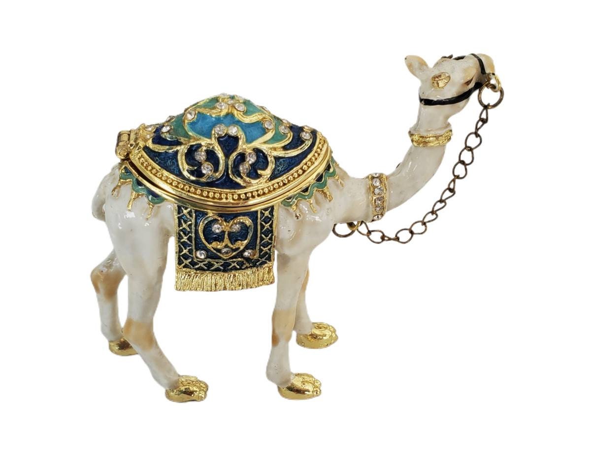 Vintage Bejeweled CAMEL Animal Blue White and Gold Tone Small Trinket ...