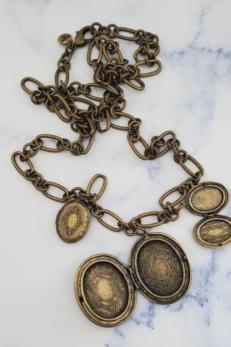 Vintage BEN AMUN Triple LOCKET Brass Tone Long Chain Statement - Etsy