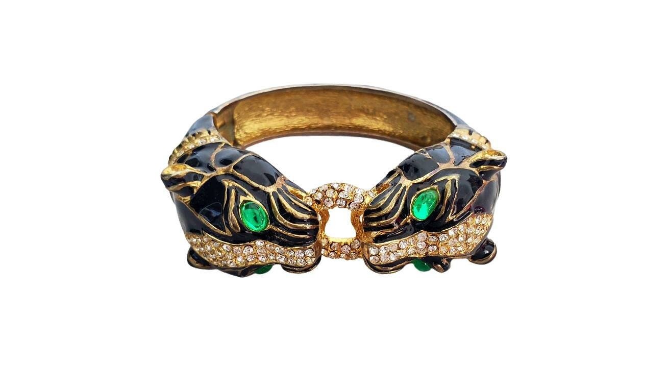 Vintage CINER Double PANTHER Black Enamel With Green Eyes Clamper ...