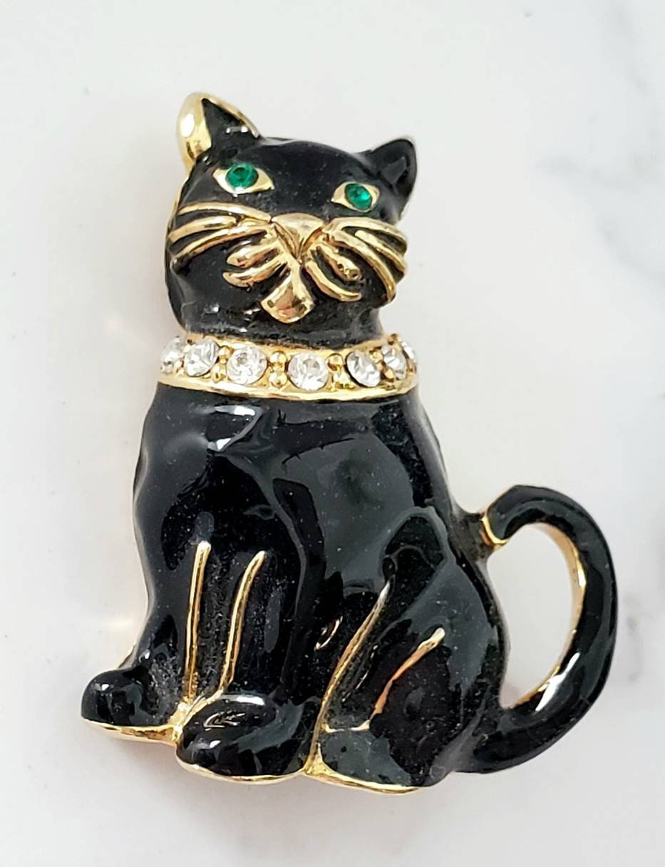 Vintage MONET Signed Black Enamel Cat Pin Brooch Rhinestone - Etsy