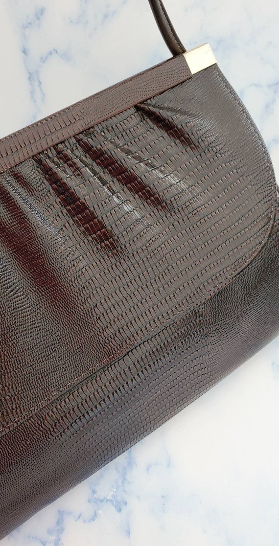 Vintage Dark Brown LIZARD Skin Leather Front Flap Han… - Gem