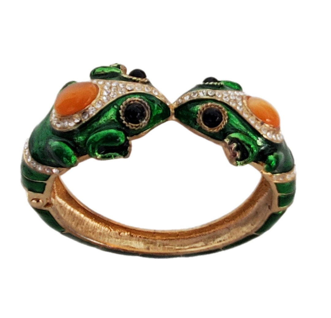 Vintage Natasha DOUBLE FROG Green Enamel Hinged Statement Bracelet ...