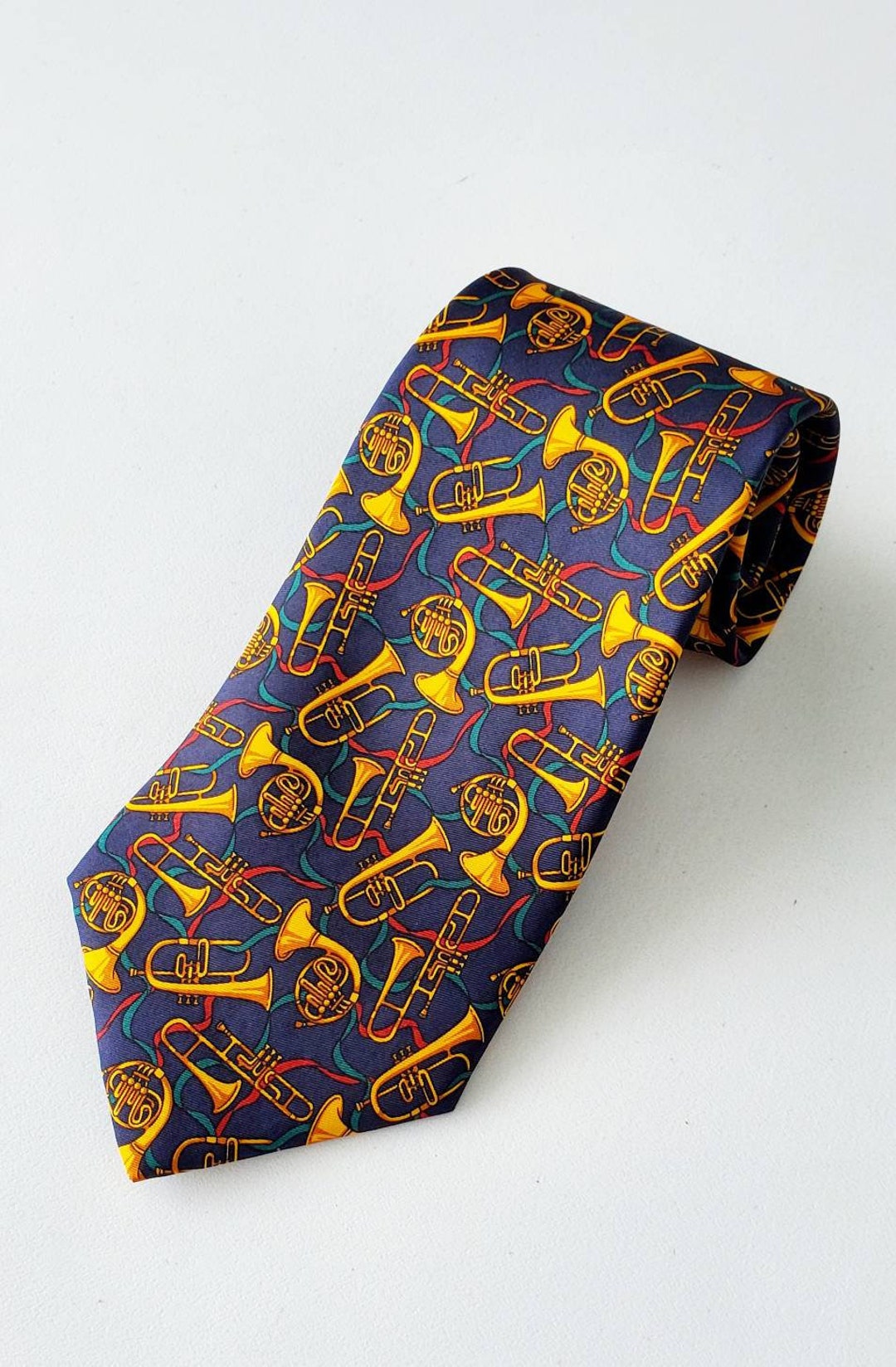 Vintage Silk Necktie: Navy Blue French Horn Band Theme - Etsy