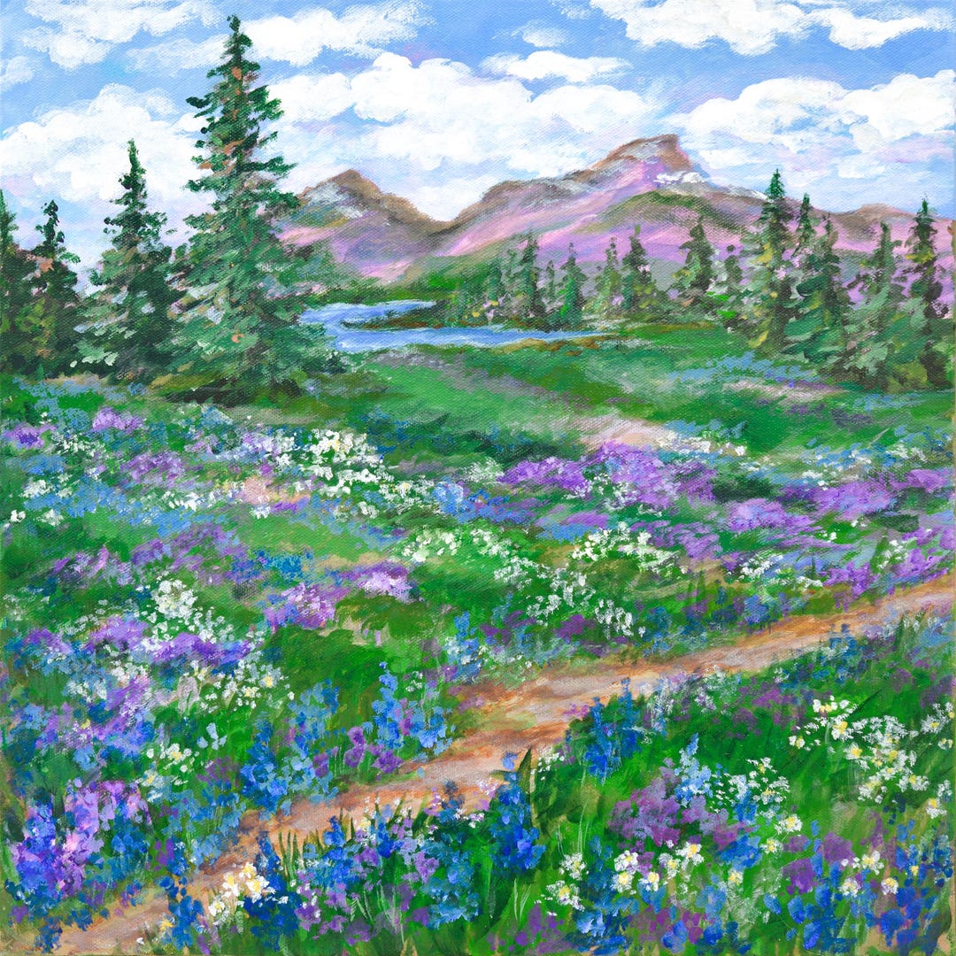 High Lakes Art Decor Original Mountain Lake Meadow on the Path Acrylic ...