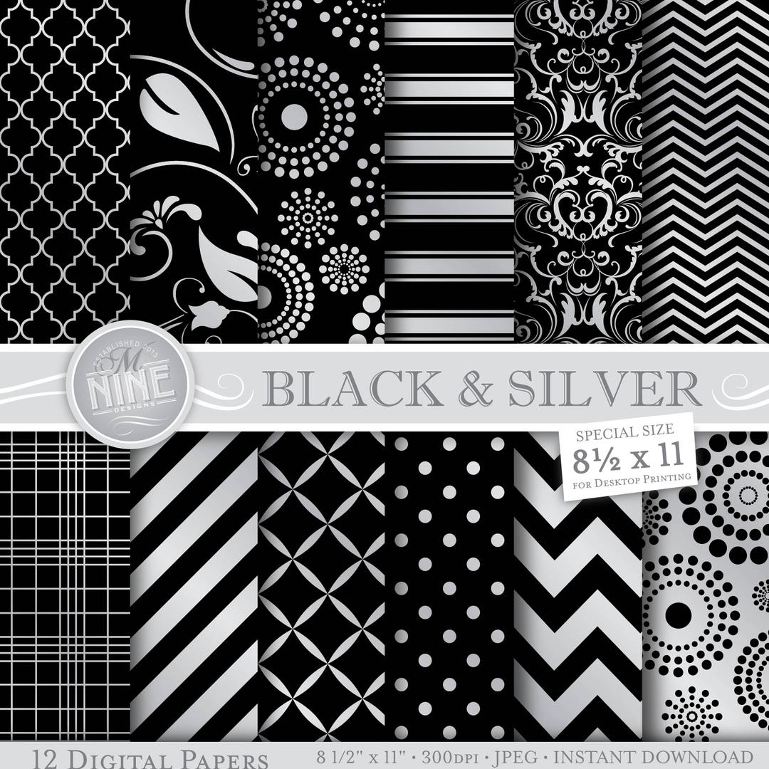 BLACK and SILVER Digital Paper / Silver Pattern Printables / Instant ...