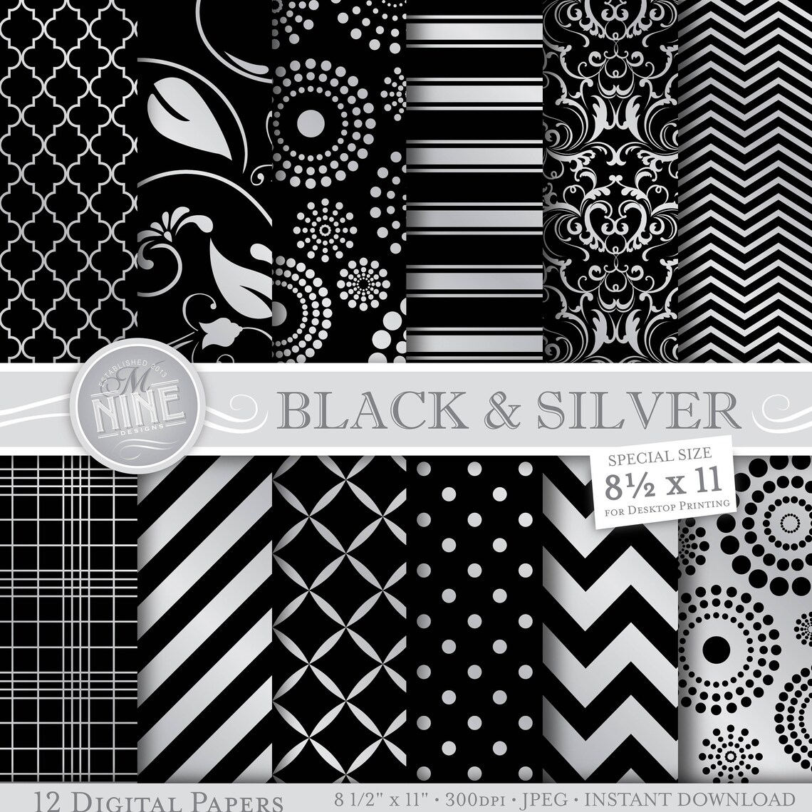 BLACK and SILVER Digital Paper / Silver Pattern Printables / - Etsy