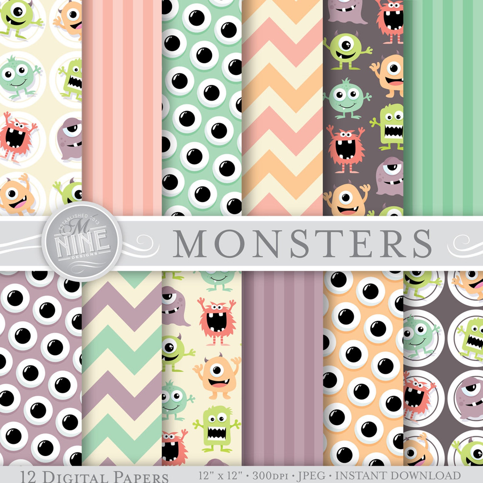 MONSTERS Digital Paper / Vintage Monsters Party Printables / | Etsy