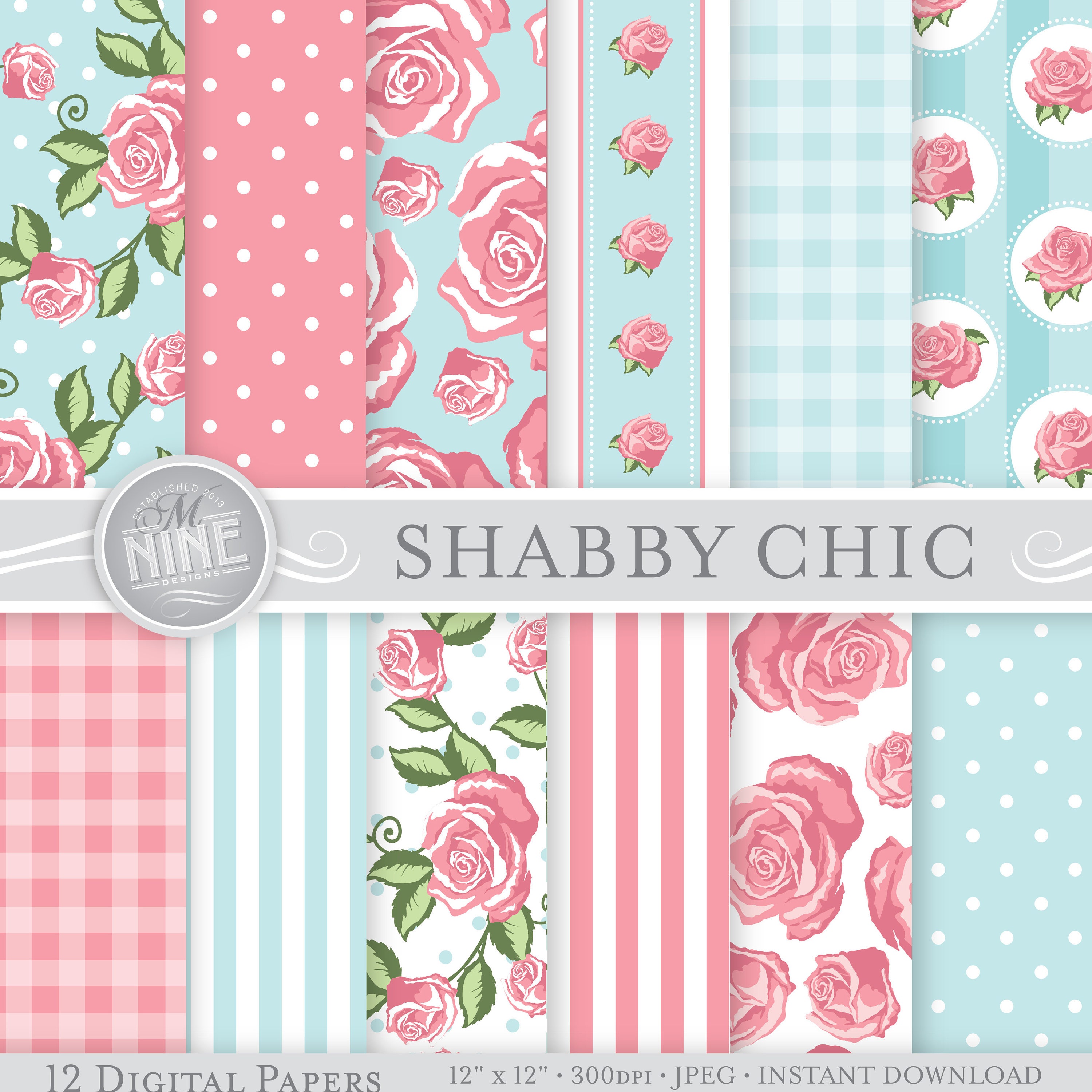 SHABBY CHIC Digital Paper / Pink and Teal Shabby Chic Patterns | Etsy