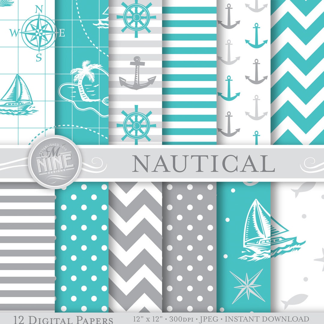 GREY & TEAL NAUTICAL Digital Paper 12 X 12 Seamless Patterns Prints ...