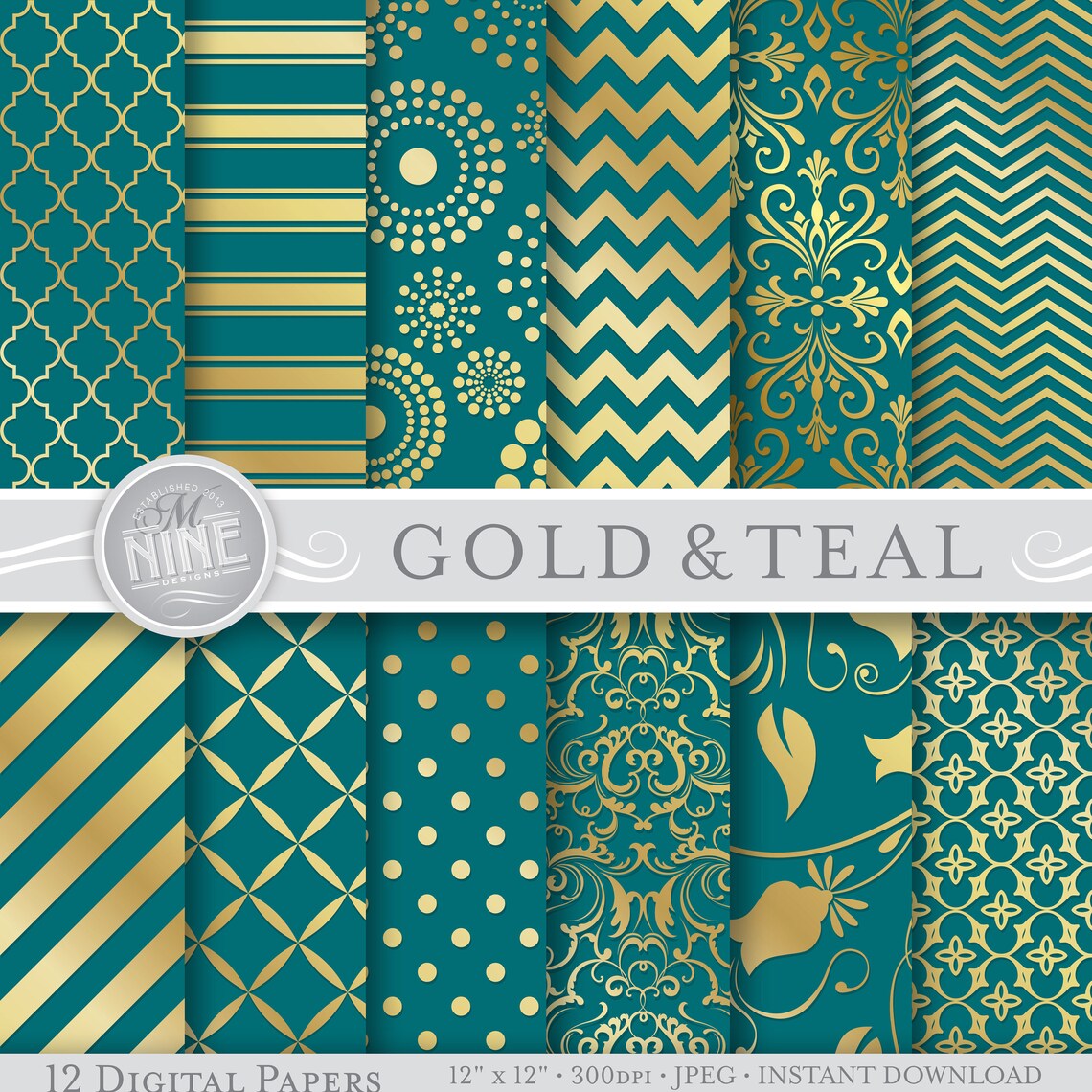 GOLD and TEAL Digital Paper Patterns Gold Patterns Prints | Etsy