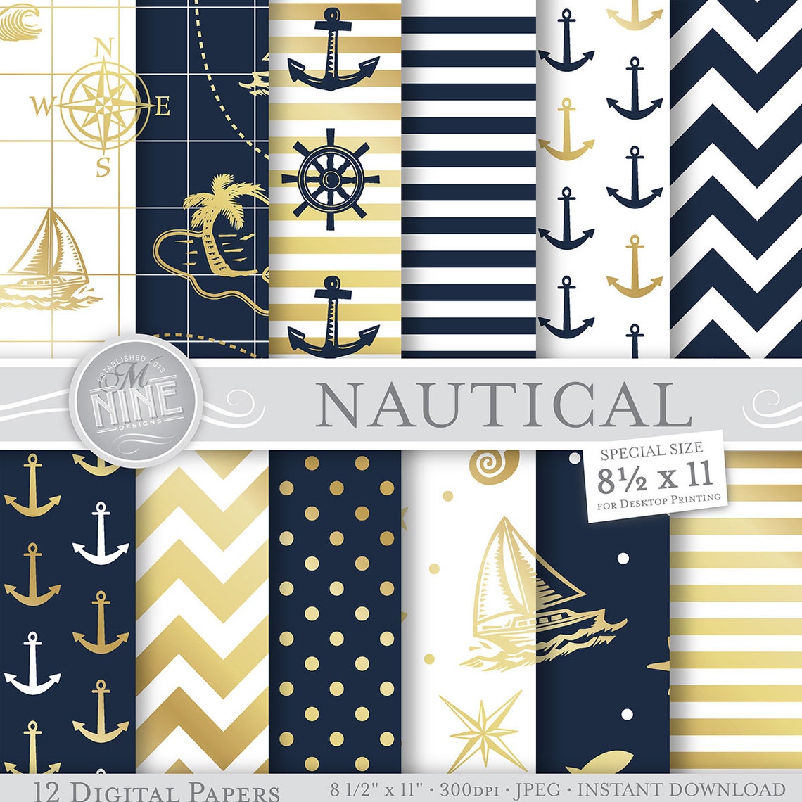 Nautical Digital Paper: navy & GOLD Nautical | Etsy