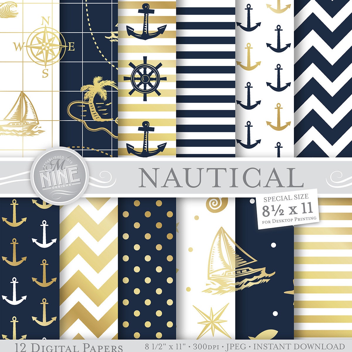 Nautical Digital Paper: NAVY & GOLD NAUTICAL | Etsy