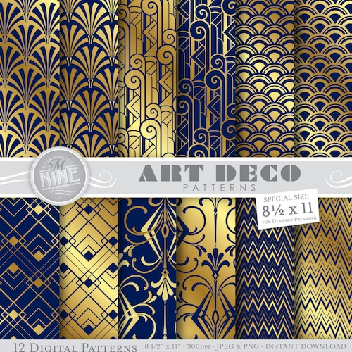 Navy and Gold Art Deco Digital Paper Seamless Deco Patterns - Etsy