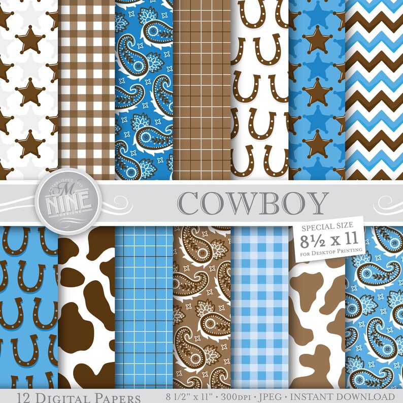 COWBOY Digital Paper Blue Brown Cowboy Printables Digital - Etsy