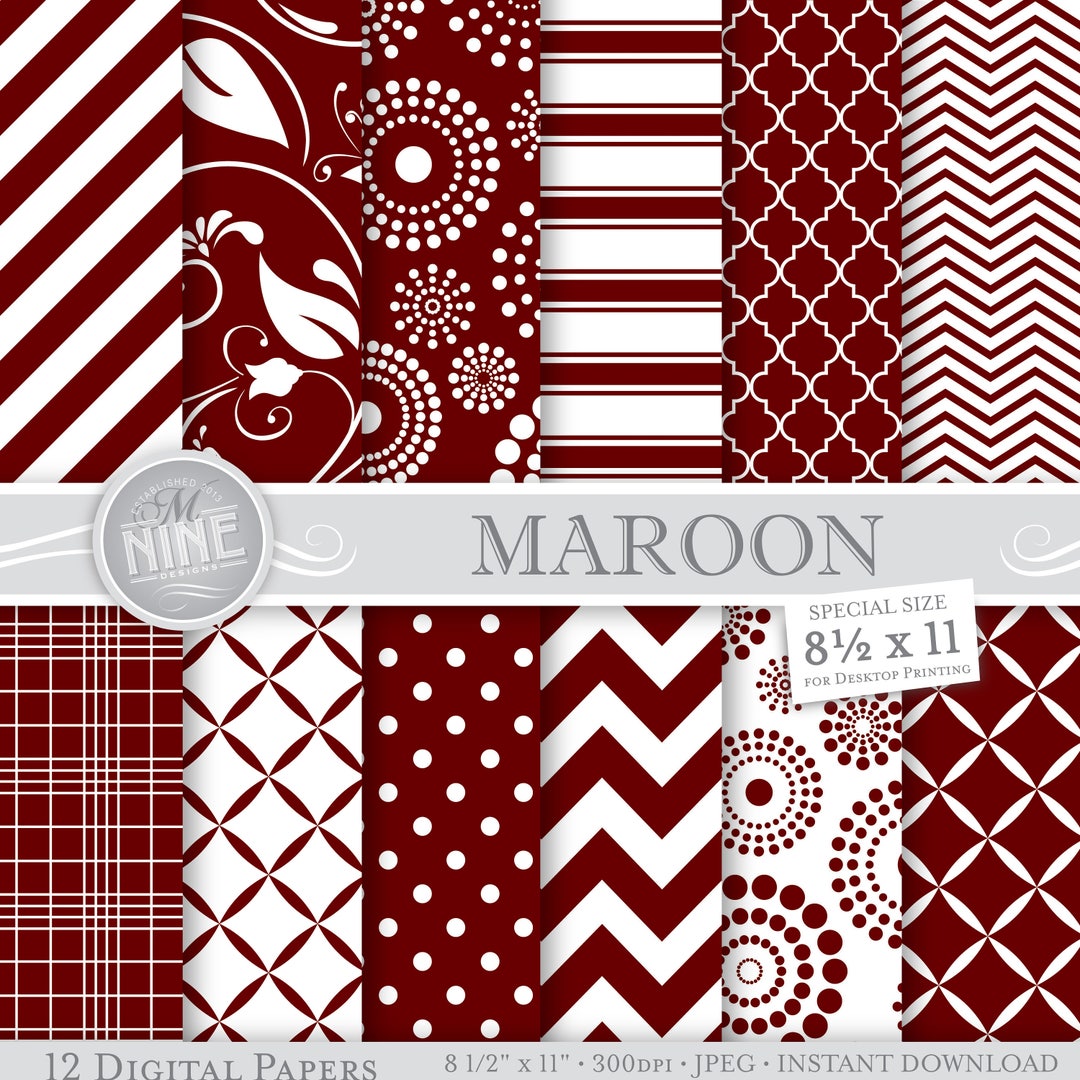 MAROON Digital Paper Downloads, Printable Maroon Patterns, 8 1/2 X 11 ...