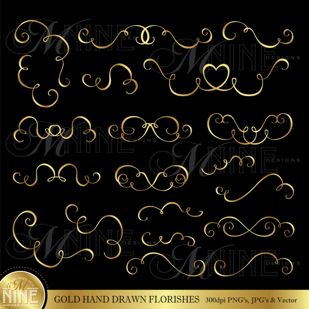 Gold Flourish Clipart: Gold HAND DRAWN FLOURISHES Clip Art Design ...
