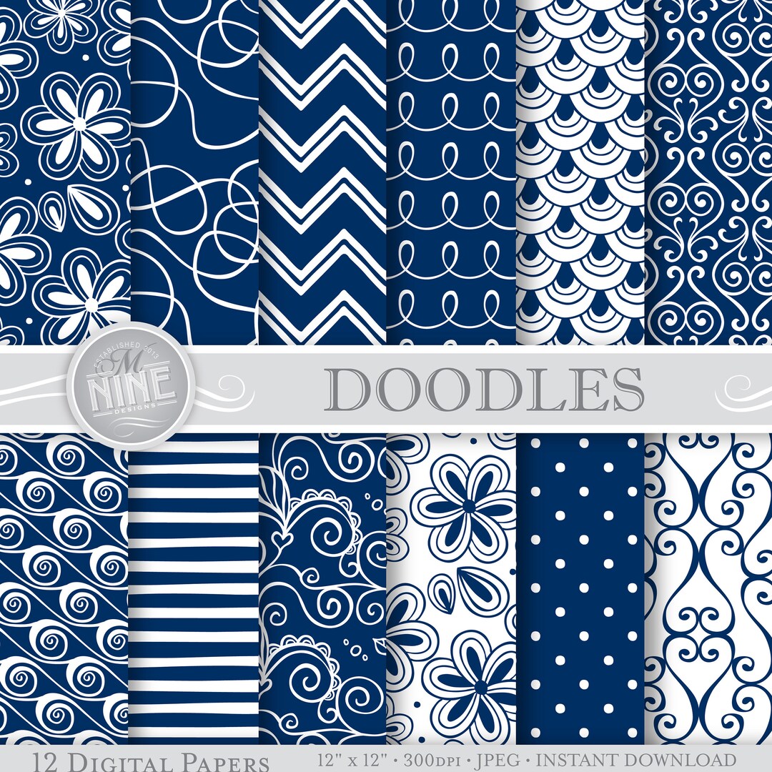 Navy Blue Digital Paper DOODLE Pattern Printables Digital Downloads ...