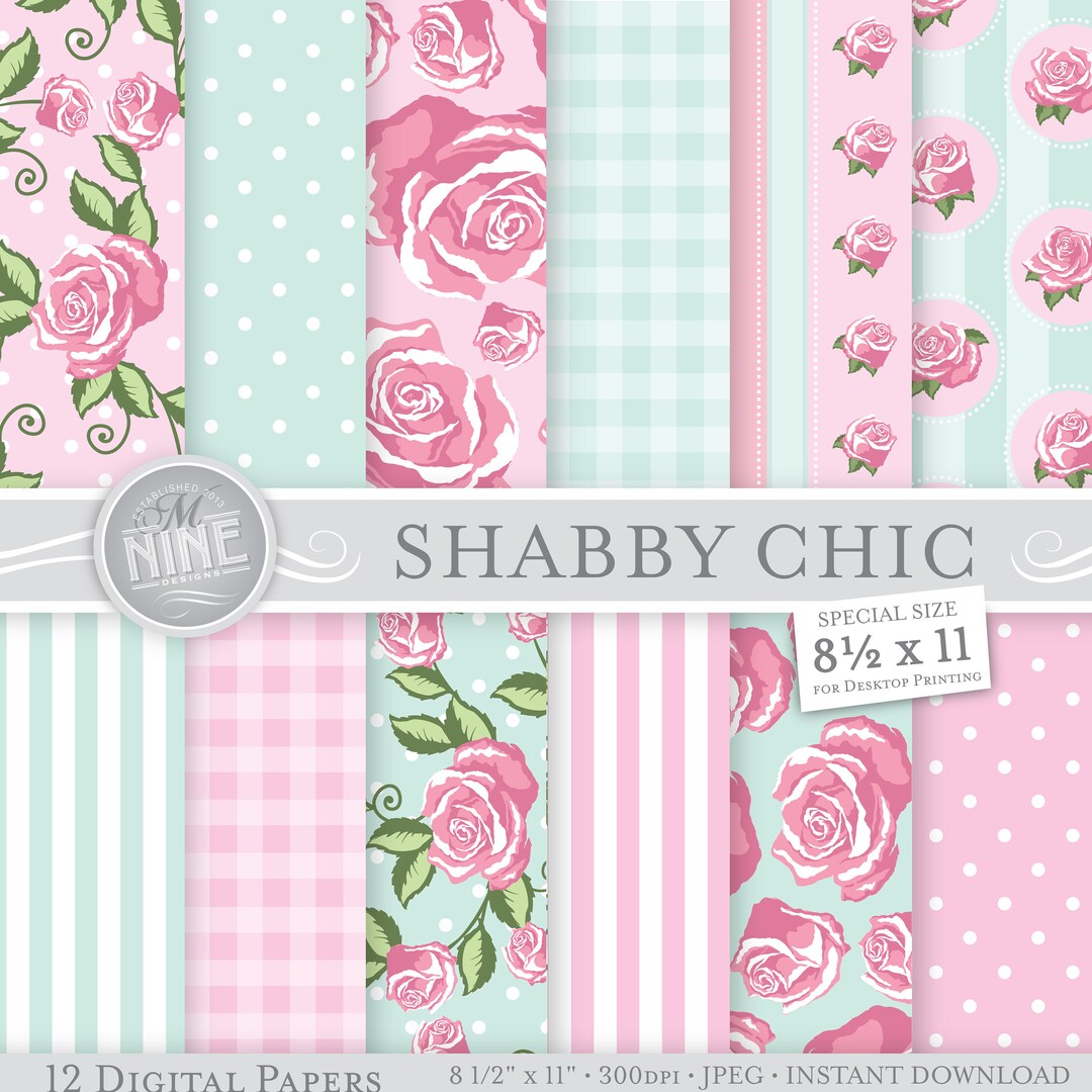 SHABBY CHIC Digital Paper / Sea Green and Pink Shabby Chic Patterns ...