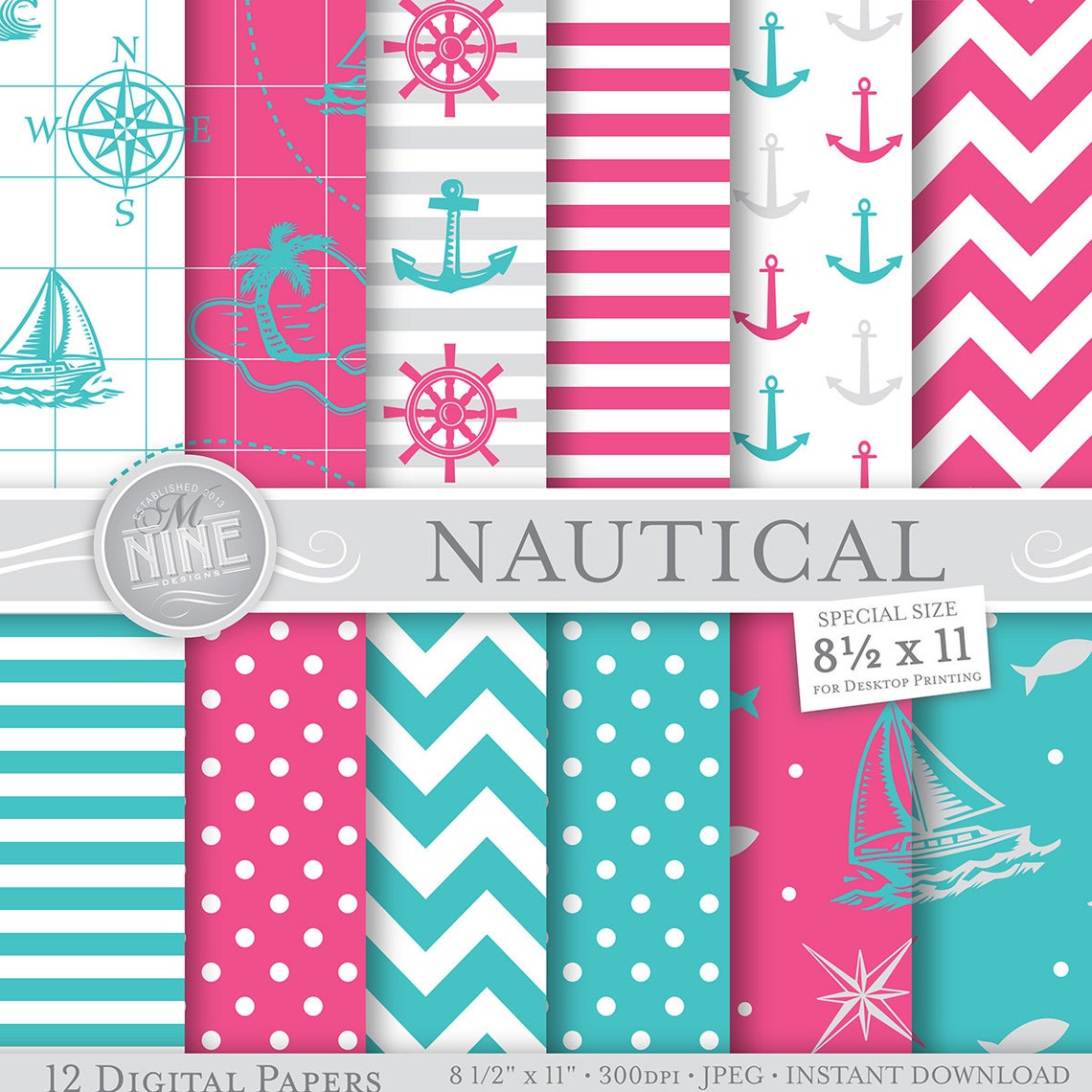PINK & TEAL NAUTICAL Digital Paper 8 1/2 X 11 - Etsy