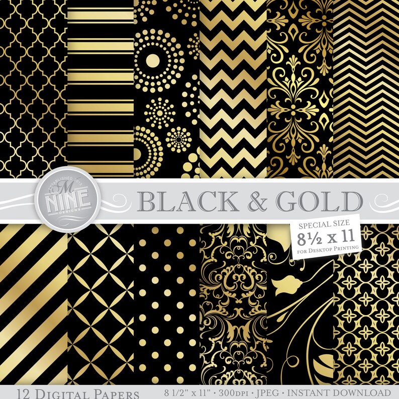 BLACK GOLD Digital Paper: Black Gold Printable Pattern Prints - Etsy