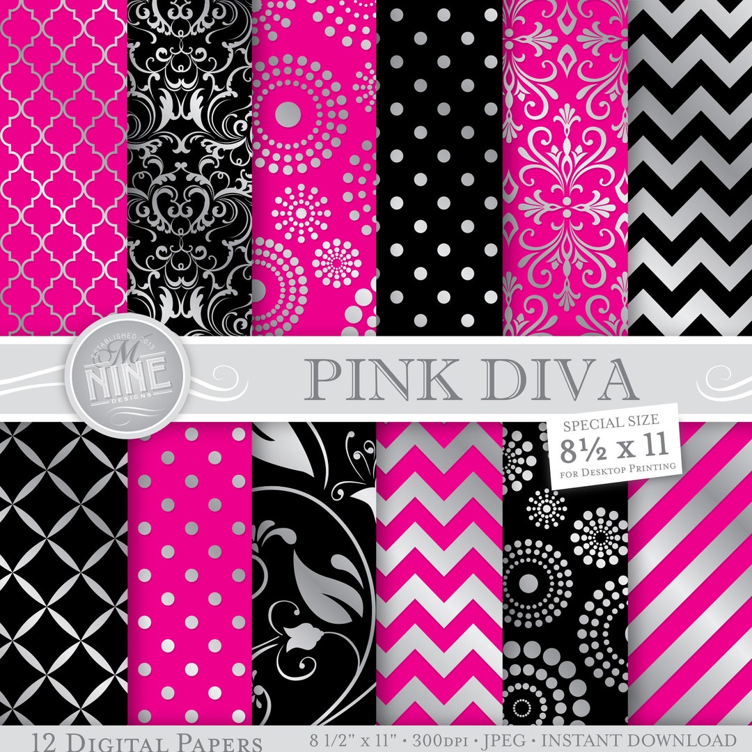 PINK DIVA Digital Paper / Hot Pink Silver and Black Patterns / 8 1/2 X ...