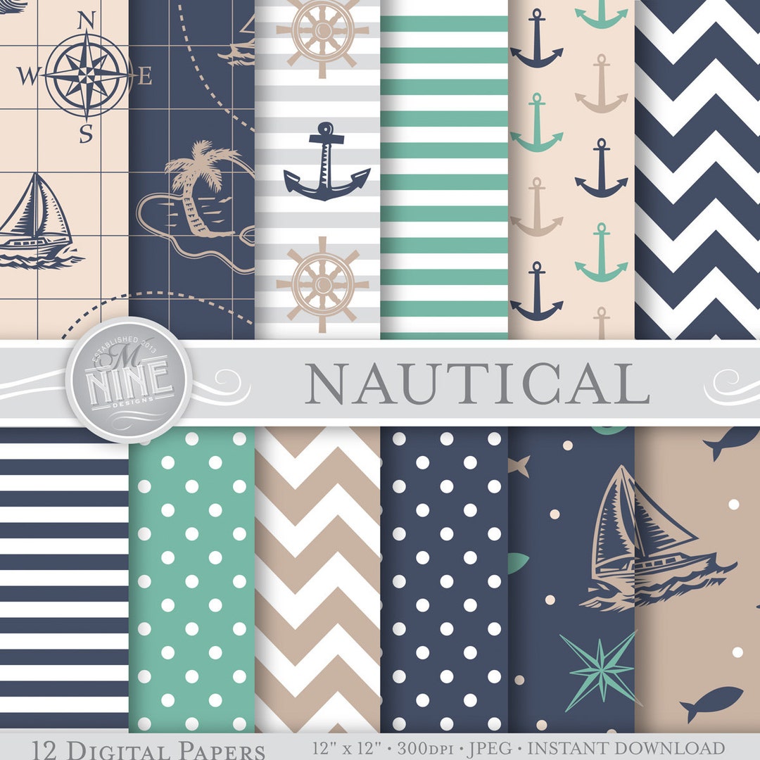 NAUTICAL Digital Paper: neutral BLUE Nautical Seamless Pattern Prints ...