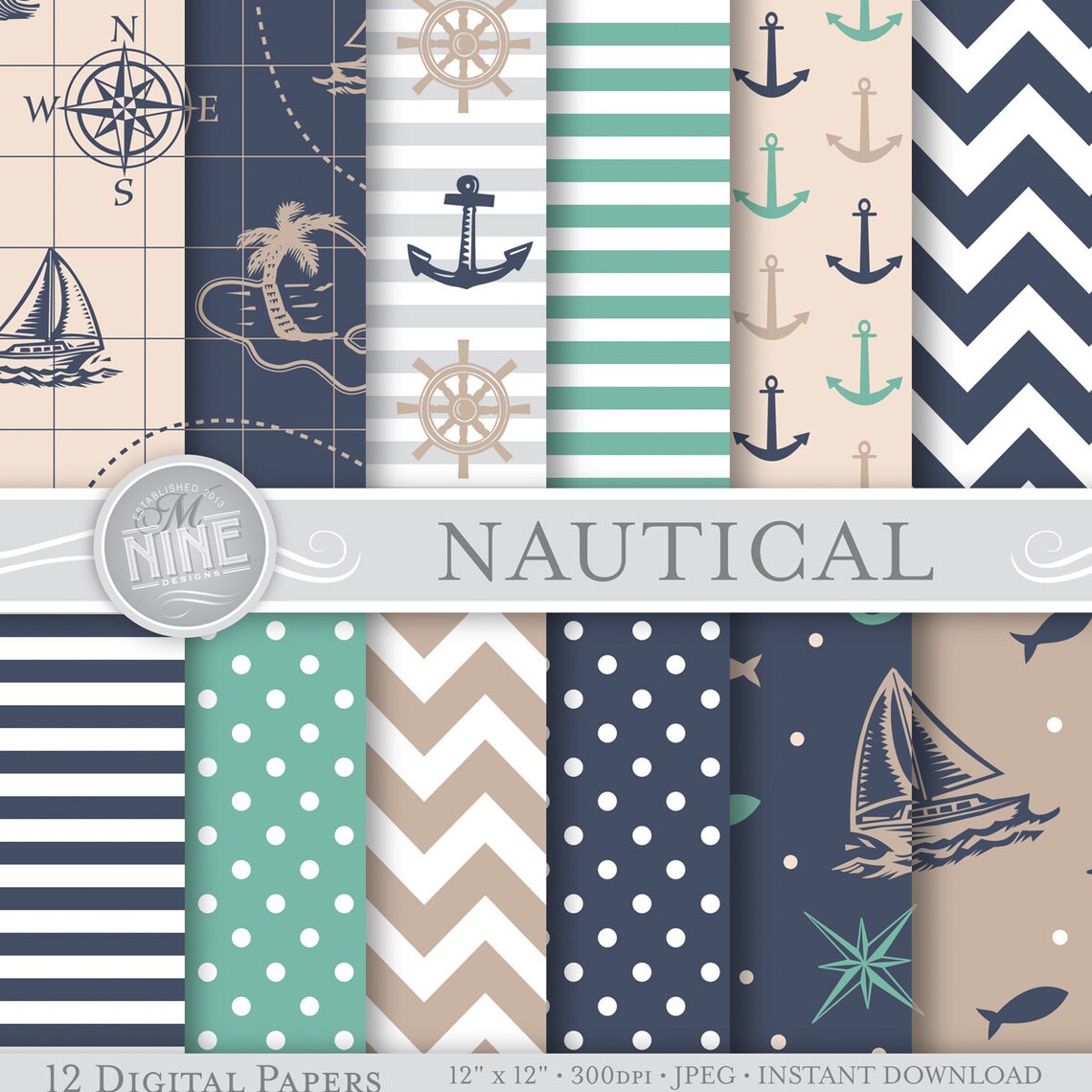 NAUTICAL Digital Paper: neutral BLUE Nautical - Etsy