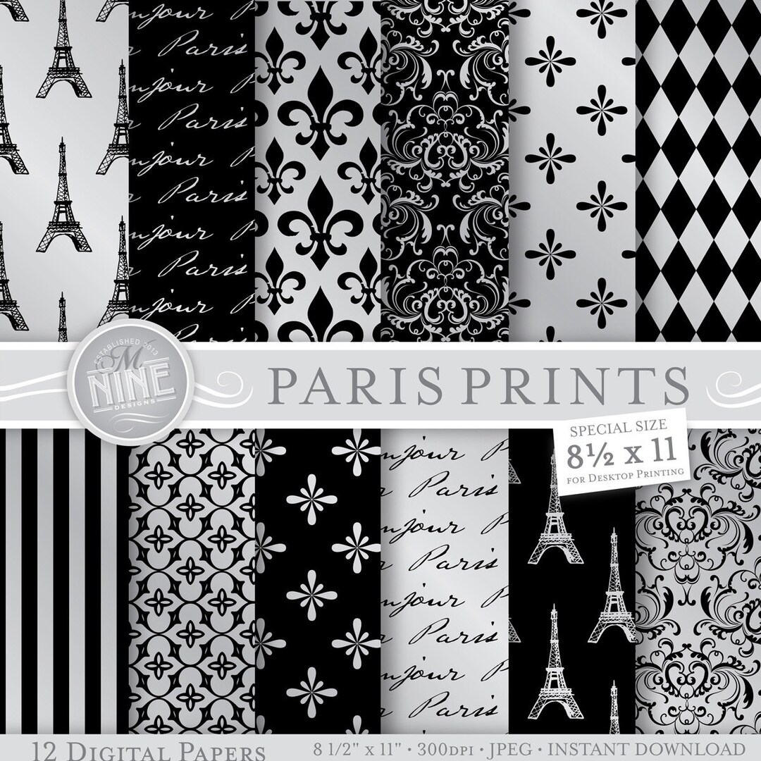 SILVER PARIS Theme Digital Paper Pack 8 1/2 X 11 Pattern Prints ...