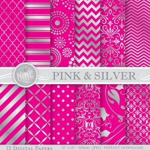 HOT PINK and SILVER Digital Paper / Hot Pink and Silver Patterns ...