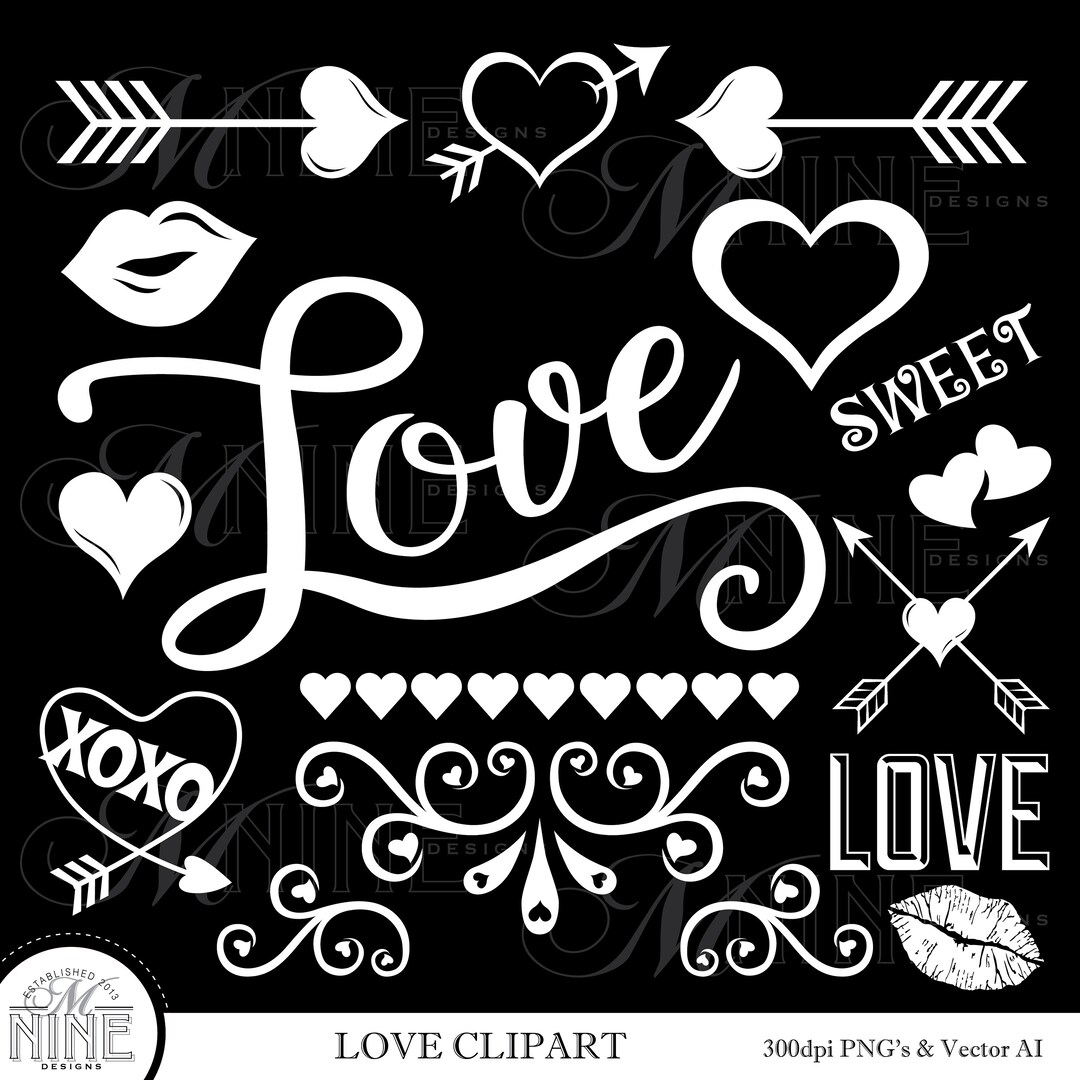 White LOVE Clipart Vector Chalkboard VALENTINES Clip Art Lips Heart ...