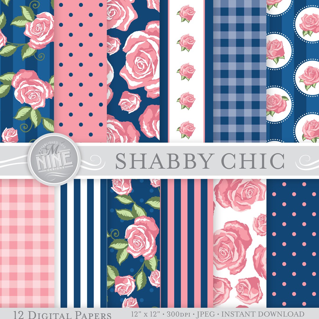 SHABBY CHIC Digital Paper / Navy and Pink Shabby Chic Patterns ...