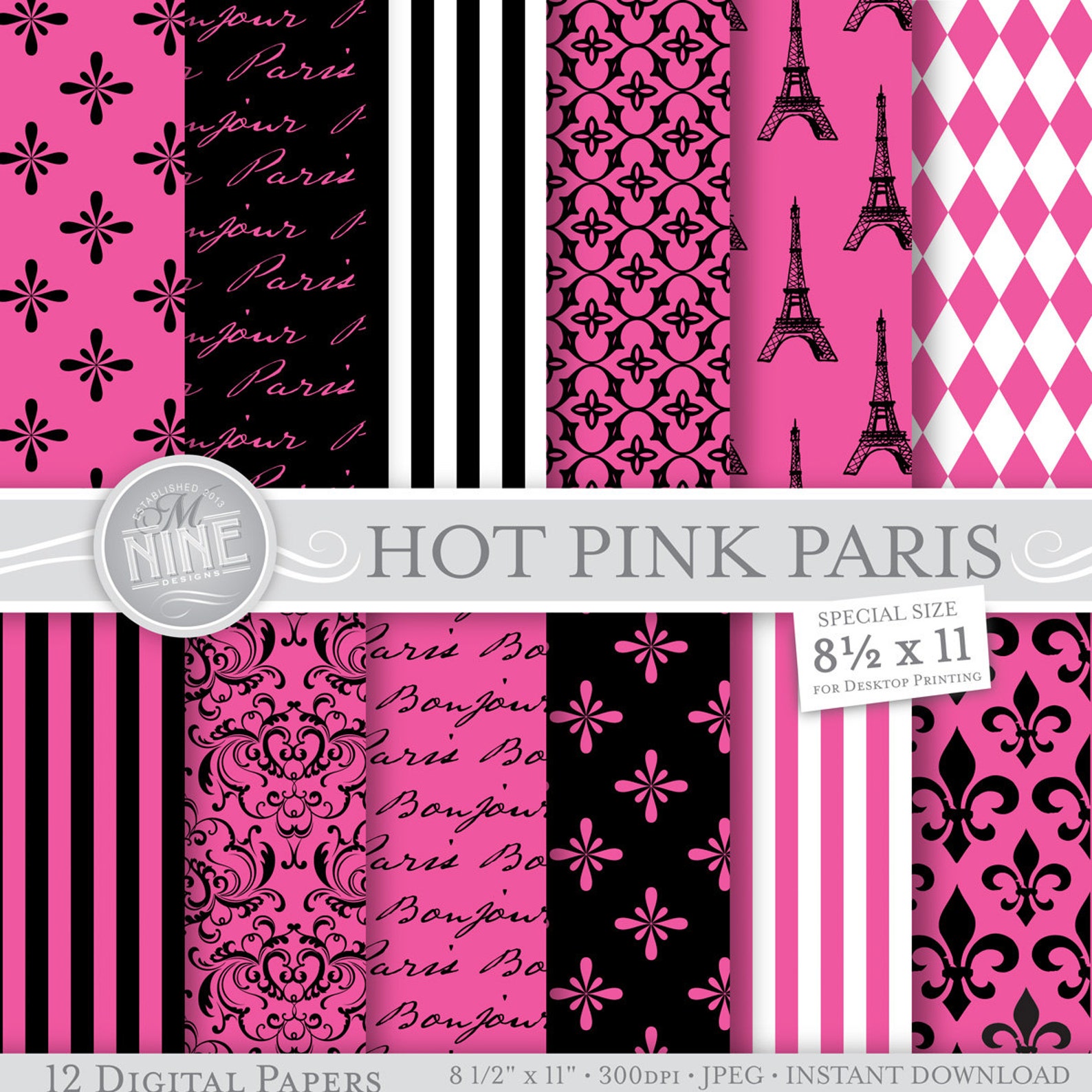 Paris Digital Paper: HOT PINK PARIS Theme Printable Pattern - Etsy