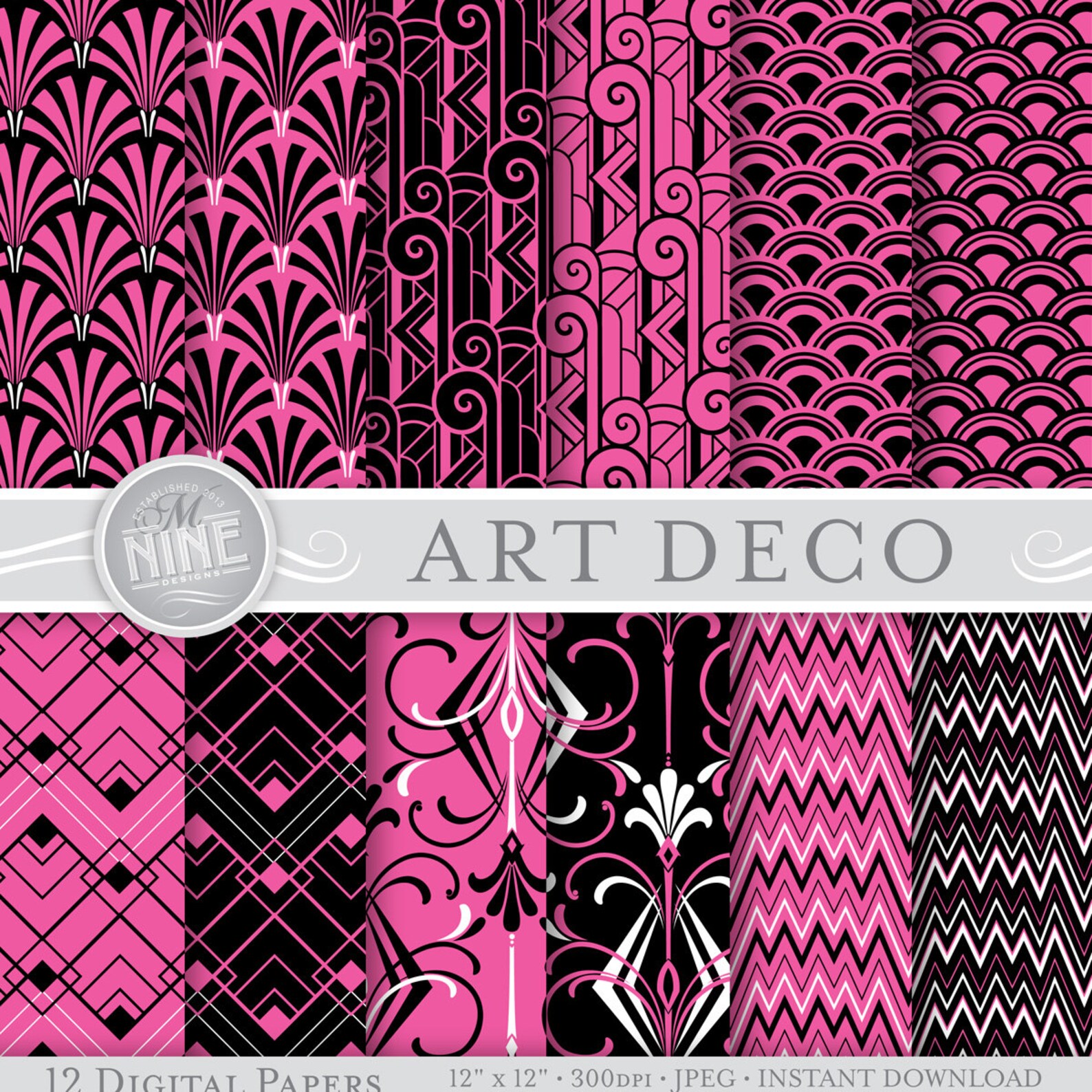 ART DECO Digital Paper Jpg Svg Hot Pink and Black Art Deco | Etsy