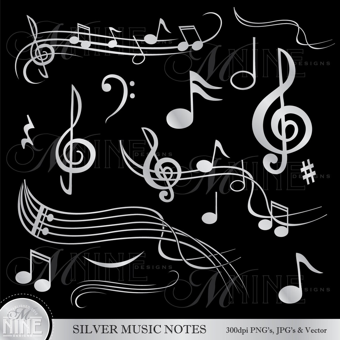 Silver MUSIC NOTES Clip Art Silver Music Theme Clipart | Etsy
