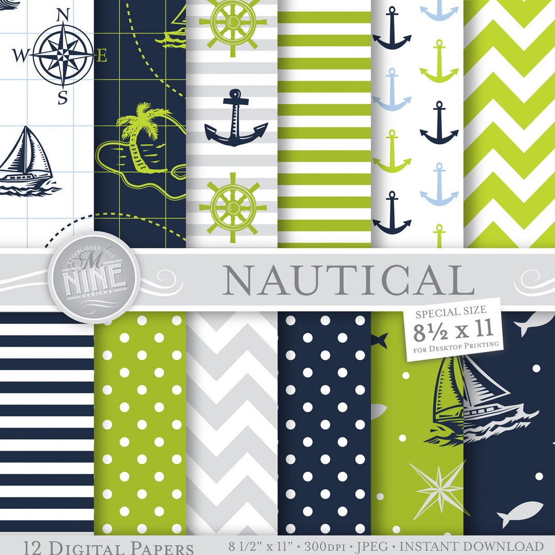 Nautical Digital Paper: NAUTICAL Printable Patterns, Navy & Lime ...