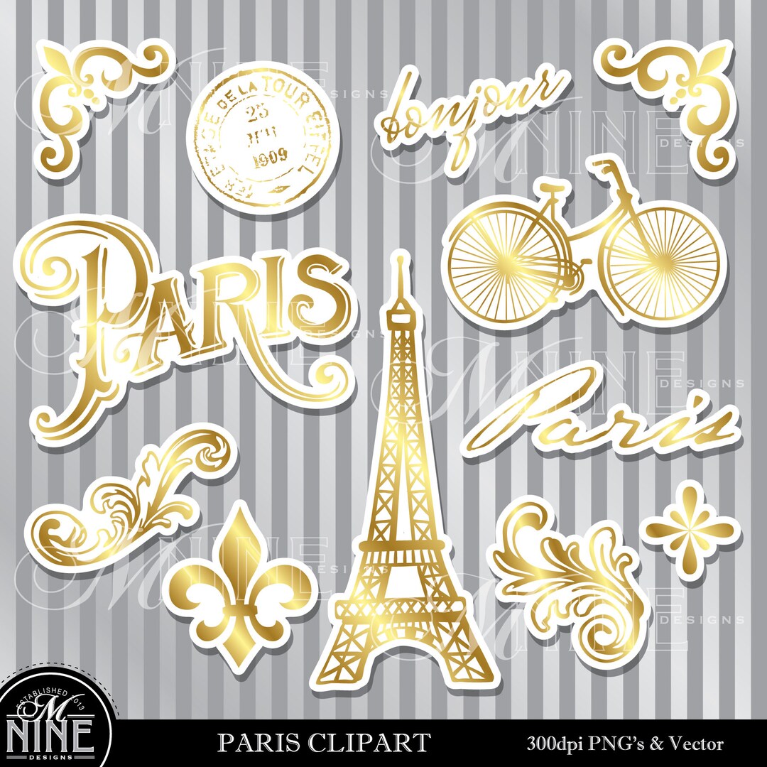 Gold Paris Sticker Clip Art / Parisian Clipart Downloads / Paris Theme ...