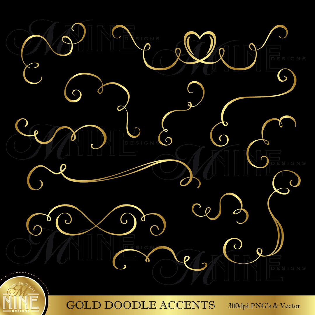 Doodle Flourish Clip Art, Gold Wedding Flourishes Clipart, Invitation ...