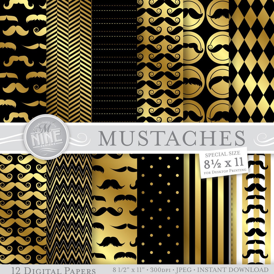 GOLD MUSTACHES Digital Paper 8 1/2 X 11 Mustache Party Patterns ...