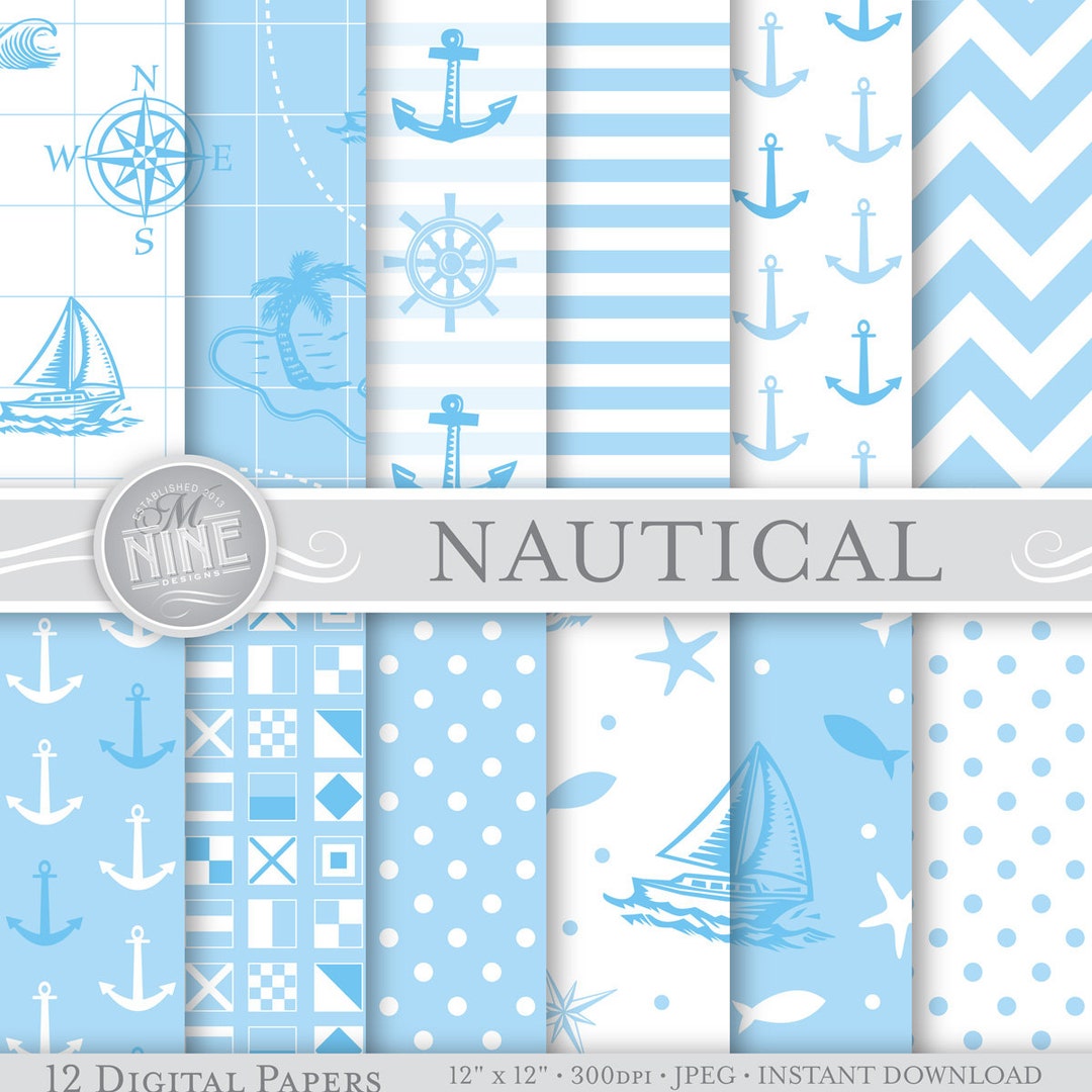 NAUTICAL Digital Paper: baby BLUE Nautical Seamless Pattern Prints ...