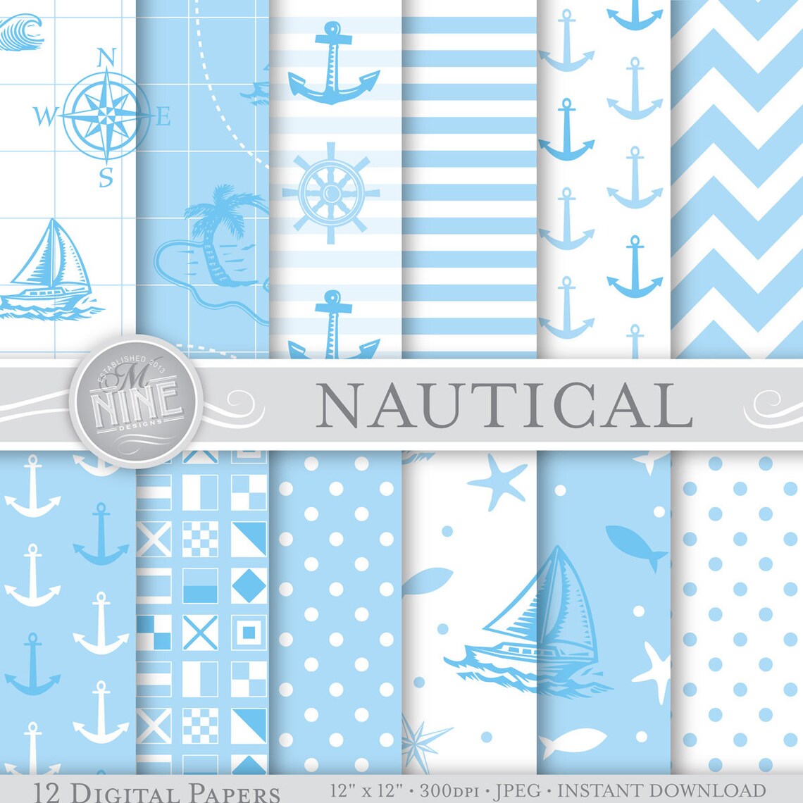 NAUTICAL Digital Paper: baby BLUE Nautical | Etsy