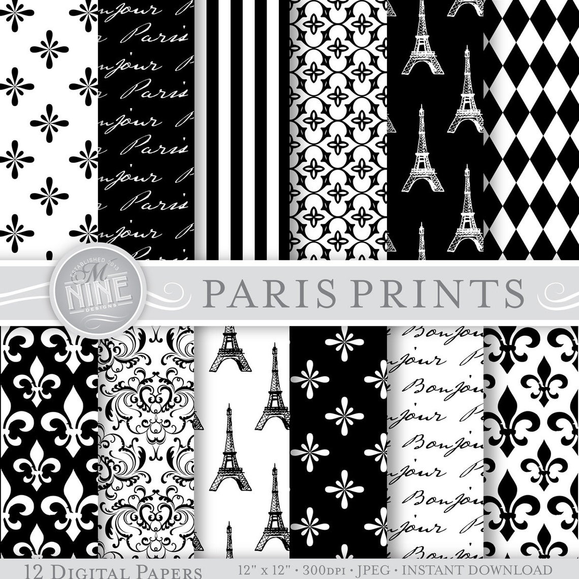 PARISIAN Digital Paper Jpg Svg Black and White Paris Pattern | Etsy