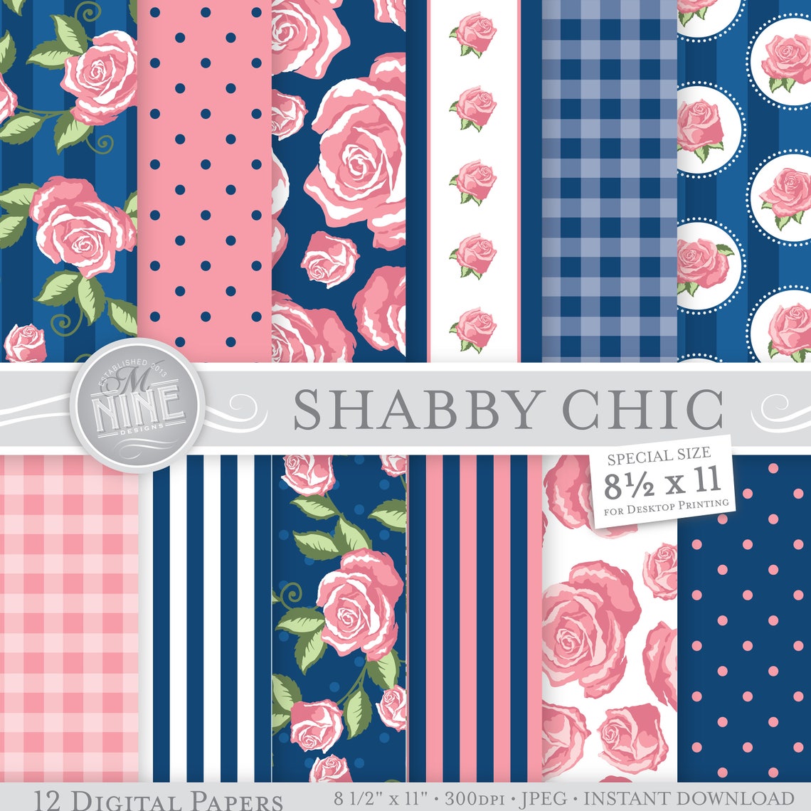 SHABBY CHIC Digital Paper / 8 1/2 X 11 Navy and Pink Shabby | Etsy