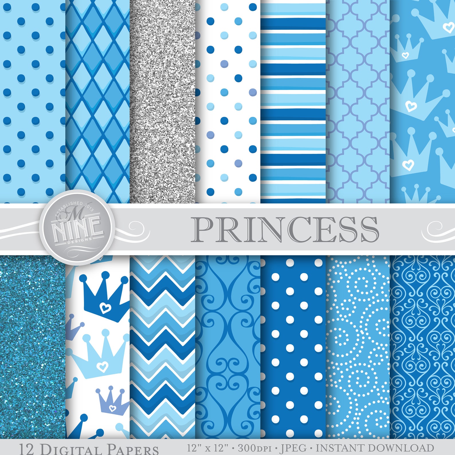 PRINCESS Digital Paper Blue Princess Party Printables - Etsy