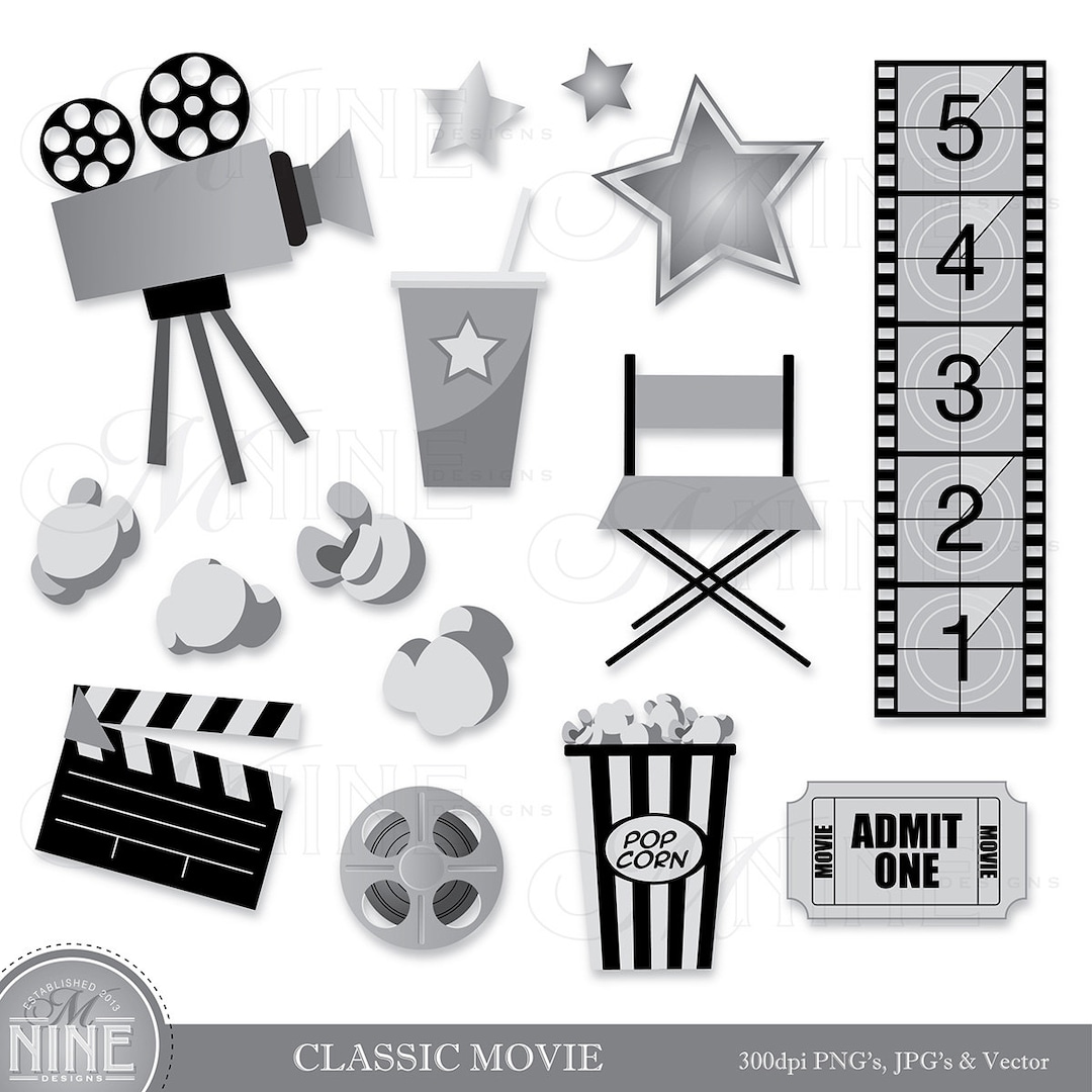 CLASSIC MOVIE Clip Art Digital Clipart, Instant Download, Black & White ...