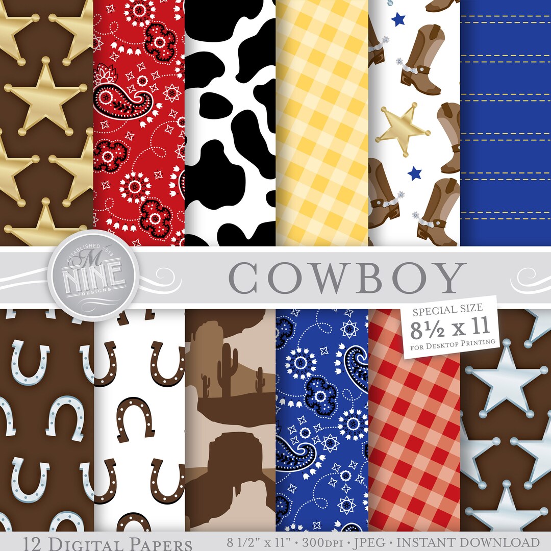 COWBOY Digital Paper / Cowboy Patterns / Cowboy Party Printables, 8 1/2 ...